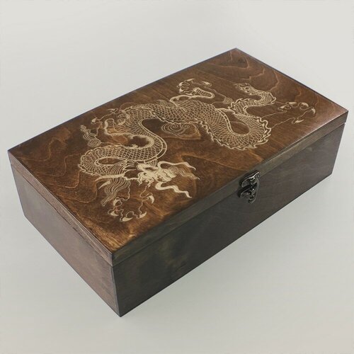Коробка для чайных пакетиков из дерева, чайница большая, 4 отделения с узором азия драконы - 1023