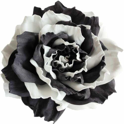 Заколка-брошь для волос/одежды/сумки большой цветок роза чёрная с белым двухцветная 0122м