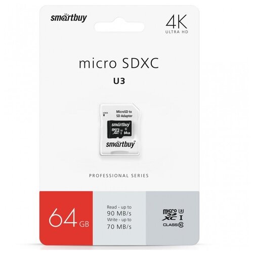 Карта памяти SmartBuy microSDXC 64 ГБ Class 10, UHS-I U3, R/W 90/70 МБ/с, адаптер на SD, черный