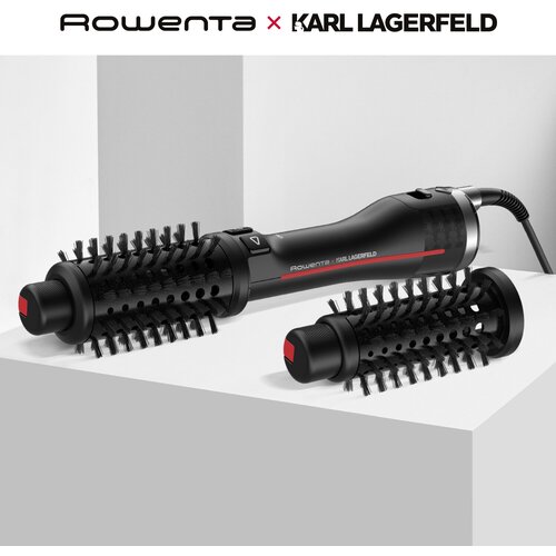 Вращающаяся фен-щетка для волос Rowenta x Karl Lagerfeld K/Pro Stylist CF961LF0 с ионизацией и 2 насадками, 750 Вт, черная