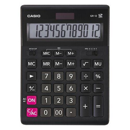 Калькулятор настольный CASIO GR-12-W (209х155 мм), 12 разрядов, двойное питание, черный, европодвес, GR-12-W-EP