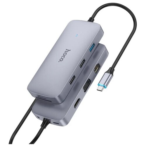 HUB адаптер HOCO HB33 10-in-1, Разветвитель Type-C to HDMI + RJ45 + VGA + USB2.0*2 + USB3.0 + SD + microSD + USB-C 100W + AUX3.5mm, Серый