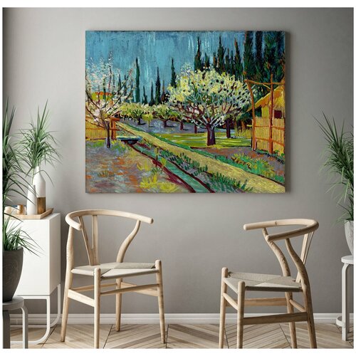 Репродукция Ван Гога "Фруктовый сад, окруженный кипарисами" / 50х60 / Интерьерная картина на холсте / в кухню / в спальню / в гостиную / на стену
