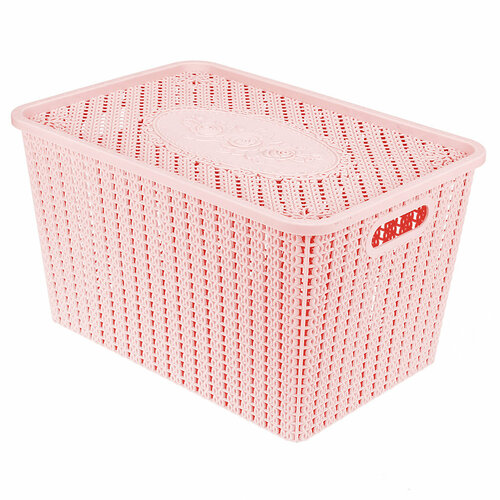 "Домашняя мода" Корзина-ящик пластмассовая для хранения "Вязанка-Розы" 36х24,5см h20см, с крышкой, с ручками розовый (Китай)