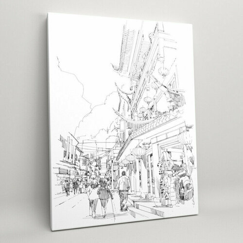Картина на холсте (интерьерный постер) "Иллюстрация - люди на китайском рынке", с деревянным подрамником, размер 22x30 см