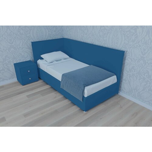 Односпальная кровать Сеул 120x200 основание металлическое с ламелями велюр синий ножки 13 см хром угол правый