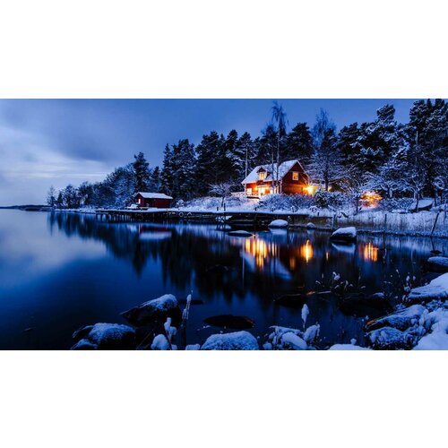 Картина на холсте 60x110 LinxOne "Пейзаж озеро Зима швеция камни" интерьерная для дома / на стену / на кухню / с подрамником