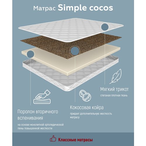 Матрас SIMPLE COCOS высота 18см для сна на диван кровать ортопедическая пена ВВ кокос стеганный жаккард (180 / 200)