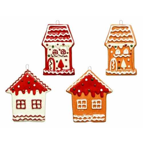 Набор ёлочных игрушек домики В глазури, керамика, 8 см, 4 шт, Kaemingk 630274-набор
