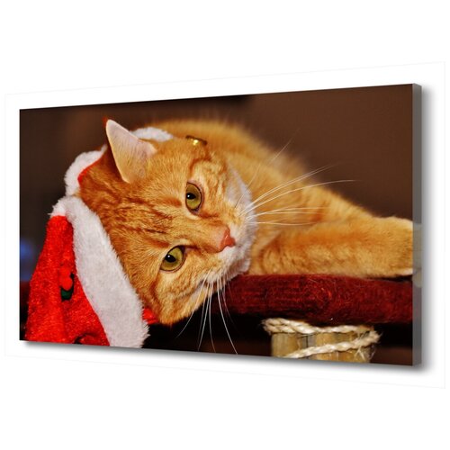 Картина на холсте "Рыжий кот в новогодней шапке" PRC-419 (45x30см). Натуральный холст