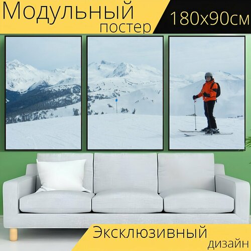 Модульный постер "Горные лыжи, зимние виды спорта, свистун" 180 x 90 см. для интерьера