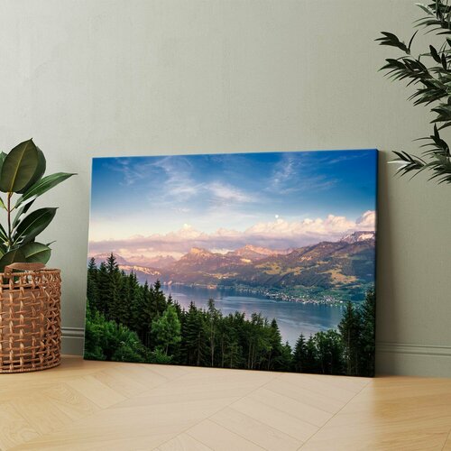 Картина на холсте (Красивый вид на горы и озёра швейцарские и австрийские пейзажи) 60x80 см. Интерьерная, на стену.