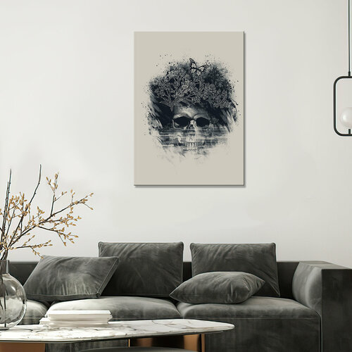 Интерьерная картина на холсте - Череп и вода чёрно-белый арт 20х30