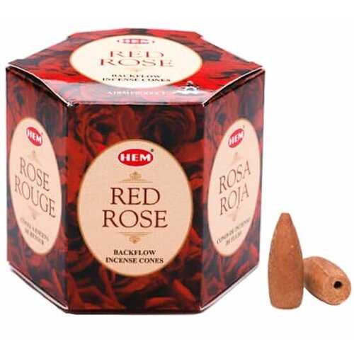RED ROSE Backflow Incense Cones, Hem (красная роза благовония пуля стелющийся дым, Хем), уп. 40 конусов.
