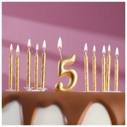 Набор свечей для торта (2 в 1) золотая Цифра "5" + Свечи "С Днём Рождения" золотые 10 шт, 7 см 71508