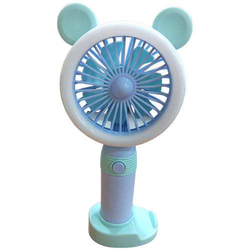 Портативный ручной / настольный вентилятор Мишка с подсветкой и подставкой для телефона / 3 режима мощности голубой VITtovar