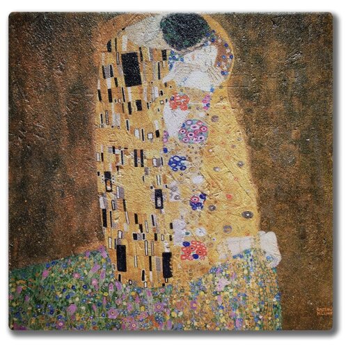 Репродукция картины Густава Климта "Поцелуй". Интерьерная фреска на доске. 40х40 см