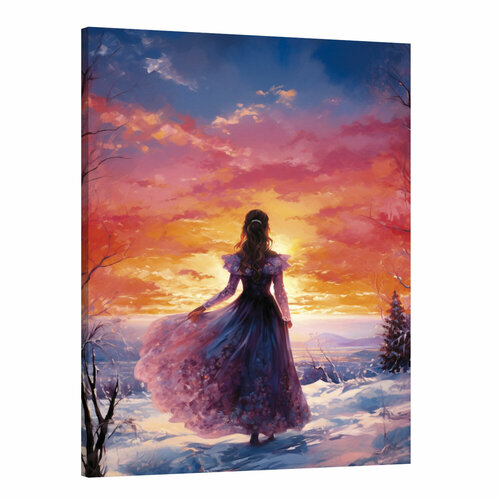 Интерьерная картина 50х70 "Снегурочка и зимний закат"