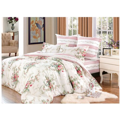 Комплект постельного белья СайлиД B-120, евростандарт, сатин, белый/розовый