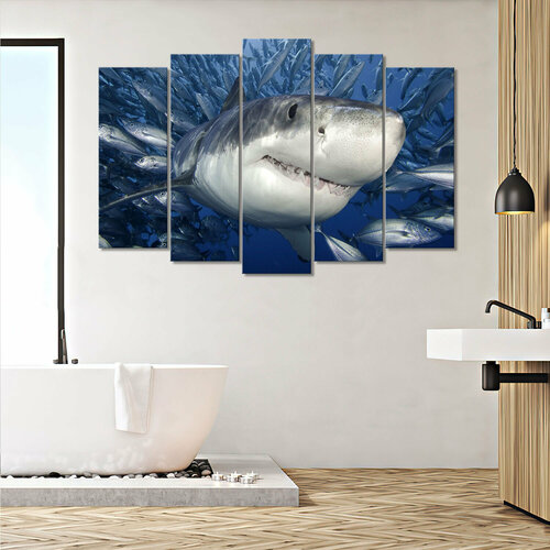 Модульная картина/Модульная картина на холсте/Модульная картина в подарок/акула и стая рыб-shark and a school of fish125х85