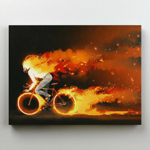 Интерьерная картина на холсте "Человек едет на горящем велосипеде в маске" размер 30x22 см