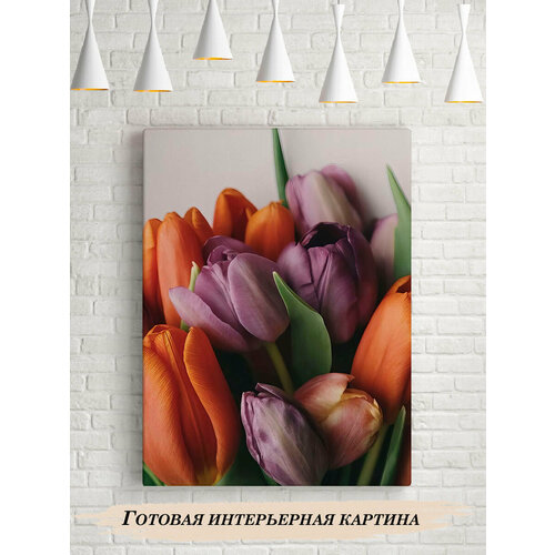Картины для интерьера 40х60 Тюльпаны сиреневые персиковые букет цветы