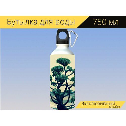Бутылка фляга для воды "Бонсай, дерево, саженец" 750 мл. с карабином и принтом