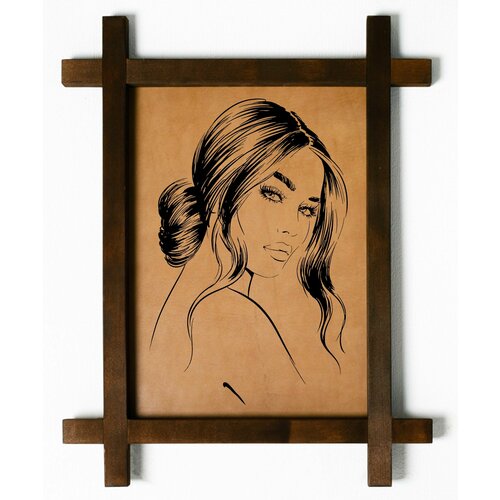 Картина Девушка с пучком, гравировка на натуральной коже, интерьерная для украшения и декора на стену в деревянной раме, подарок, BoomGift