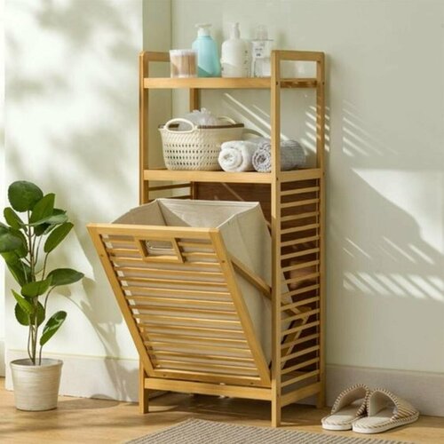 Стеллаж для ванной / этажерка бамбуковая с корзиной для белья / стойка в ванную комнату
