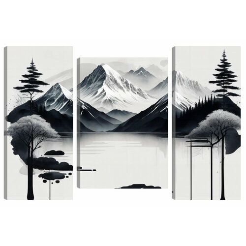 Модульная картина "Озеро в горах. Инк арт.". В спальню, гостиную, зал. PR-2030 (84x70см). Натуральный холст