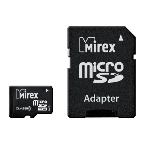 Карта памяти Mirex microSDHC 16 ГБ Class 10, UHS-I U1, R/W 104/45 МБ/с, адаптер на SD, черный