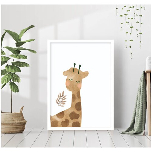 Постер В рамке "Жираф, иллюстрация для детской" 50 на 70 в белой раме / Картина для интерьера / Плакат / Постер на стену / Интерьерные картины
