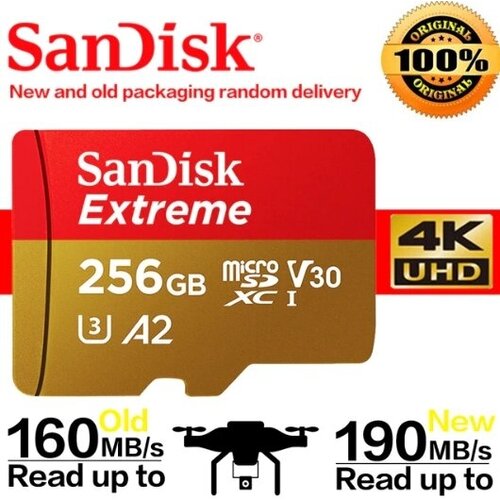 Карта памяти 190/130 Mb/s SanDisk Extreme microSDXC 256 ГБ Class10 UHS Class 3 V30 A2 с адаптером (Go Pro, dji, дроны)