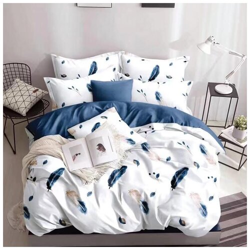 Комплект постельного белья 1.5 спальный: 2 наволочки 70х70, пододеяльник на молнии, простыня на резинке по углам, белый/синий