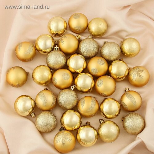 Набор шаров пластик d-5 см, 34 шт "Ёлочка - снежинки и горошины" золото