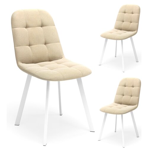 Комплект мягких стульев со спинкой для кухни 3 шт, бежевый велюр, каркас белый