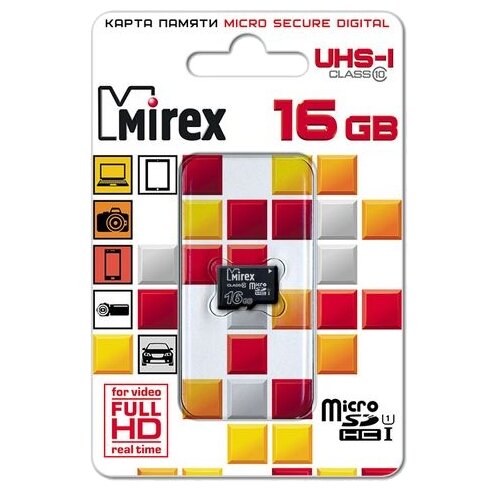 Карта памяти Mirex microSDHC 16 ГБ Class 10, V10, A1, UHS Class 1, R/W 104/45 МБ/с, 1 шт., черный