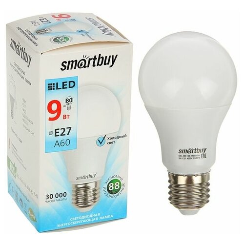 Лампа cветодиодная Smartbuy, E27, A60, 9 Вт, 4000 К, дневной белый свет