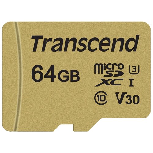Карта памяти Transcend microSDXC 64 ГБ Class 10, V30, A1, UHS-I U1, R/W 95/60 МБ/с, адаптер на SD, 1 шт., золотистый