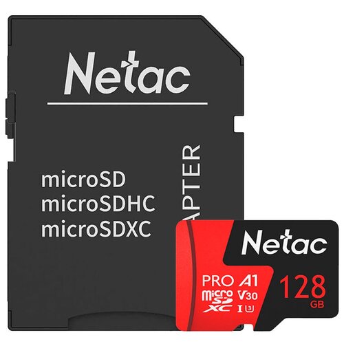 Карта памяти Netac microSDXC 128 ГБ Class 10, V30, A1, UHS-I U3, R 100 МБ/с, адаптер на SD, 1 шт., черный/красный