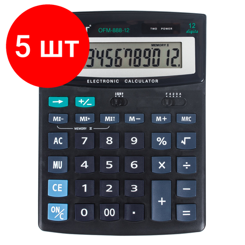 Комплект 5 шт, Калькулятор настольный офисмаг OFM-888-12 (200х150 мм), 12 разрядов, двойное питание, 250224
