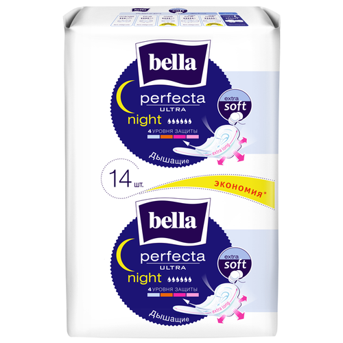 Bella прокладки Perfecta ultra night extra soft, 6 капель, 14 шт., белый