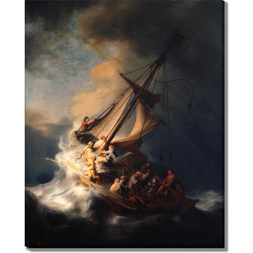 Картина для интерьера на холсте "Христос во время шторма на море Галилейском" Рембрандт Харменс ван Рейн 56х70, холст без подрамника