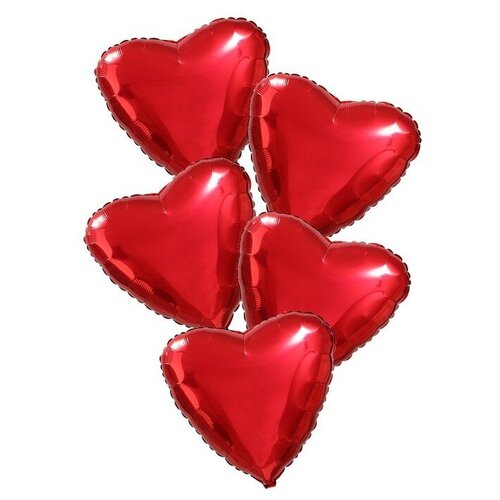 Воздушный шарик, ы фольгированные 19" "Сердца", набор 5 шт, цвет красный