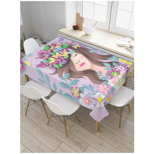 Скатерть прямоугольная JoyArty на кухонный стол "Девушка в бабочках и цветах" из оксфорда, 180x145 см