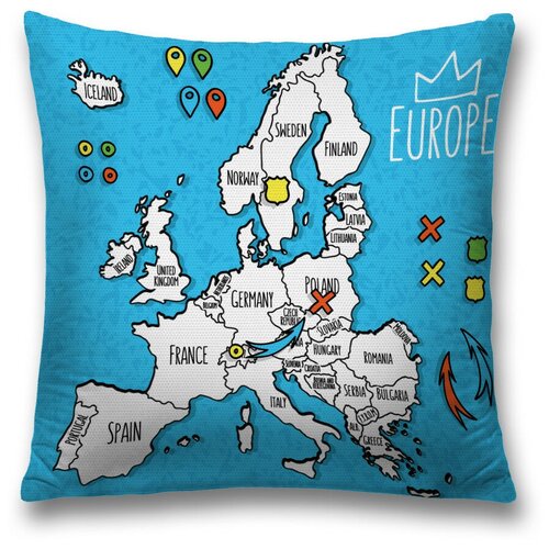 Наволочка декоративная JoyArty "Нарисованная карта Европы" чехол на молнии, 45х45 см