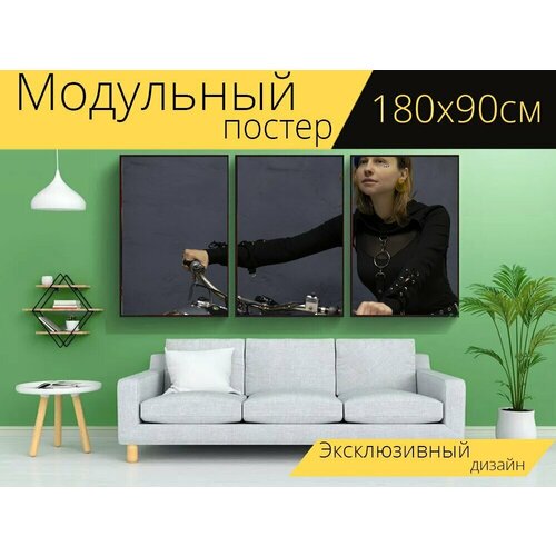 Модульный постер "Девушка с мотоциклом, девушка на мотоцикле, мотоцикл" 180 x 90 см. для интерьера