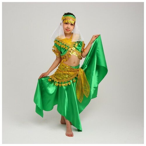 Карнавальный костюм Восточный "Азиза в юбке"зелено-желтый, блузка, юбка, косынка, повязка, р-р34,