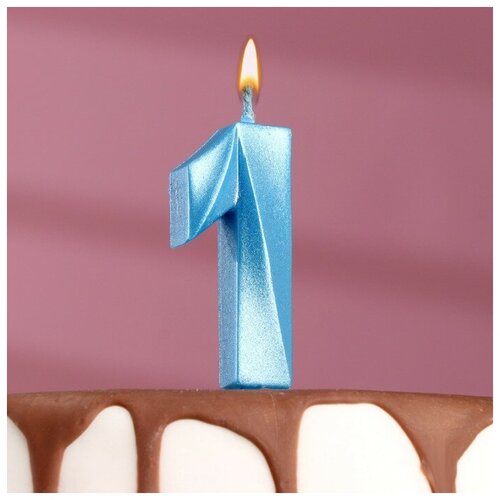 Свеча в торт "Грань", цифра "1", голубой металлик, 6,5 см