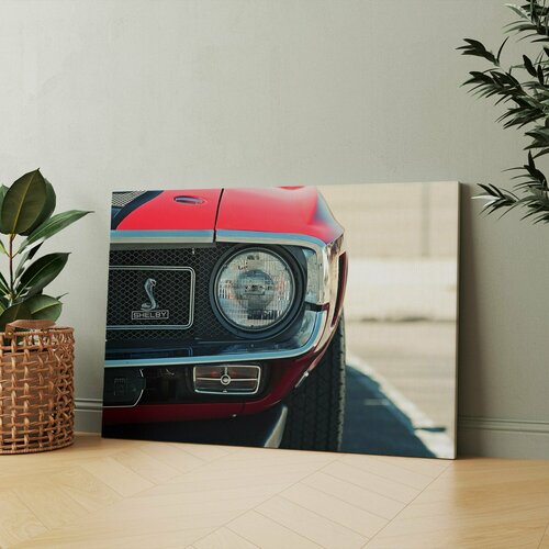 Картина на холсте (ford mustang автомобиль машина красные фары ретро dodge challenger) 50x70 см/для интерьера/в комнату/на стену/в подарок